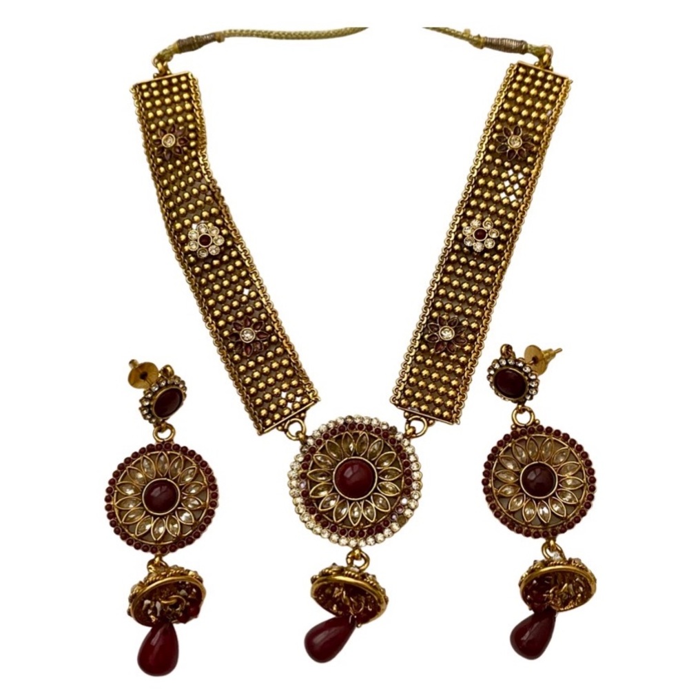 Indian Gold And Maroon Kundhan Chain Necklace Set - Gem